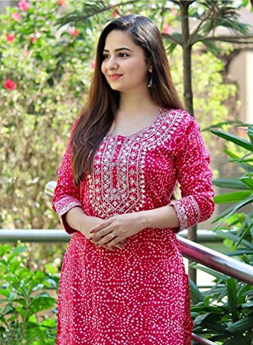 Paru Fabrics Women's Cotton Printed Straight Embroidery Kurti with Pant (L) Pink