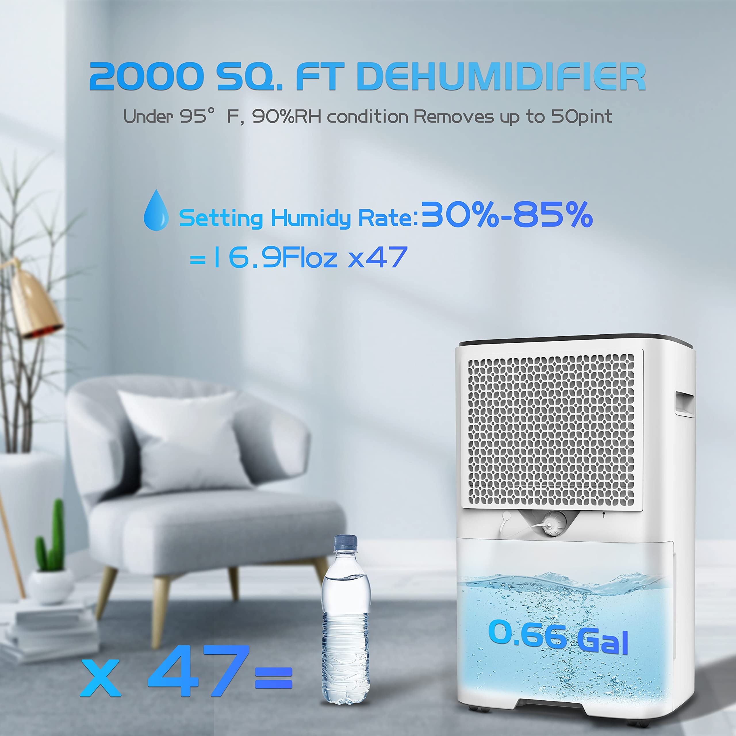 Dehumidifier 2000 Sq. Ft HEVILLO 40 Pint Dehumidifiers for Home Basements, with Continuous Drain Hose for Medium to Large Room, 0.66 Gallon Water Tank Capacity, Intelligent Humidity Control