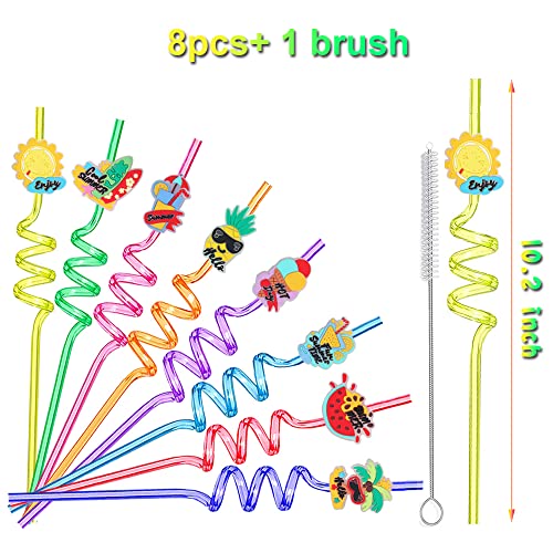 Hawaii Beach Summer Theme Party Favors Straws for Birthday Party Supplies with Cleaning Brush (8pcs)