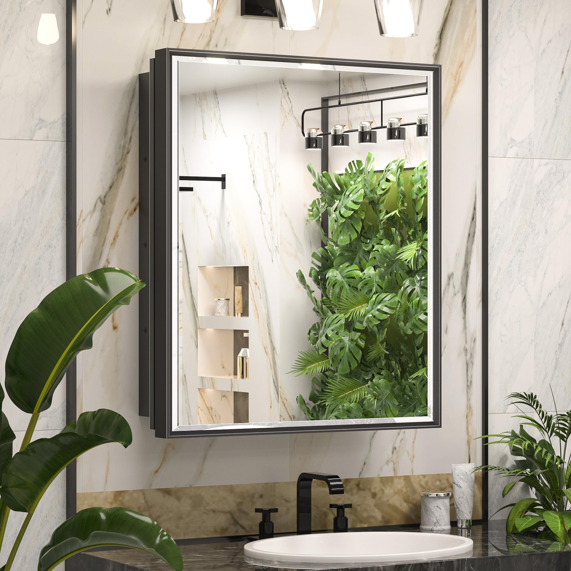 Keonjinn 21" x 27" Black Bathroom Medicine Cabinets with Mirror, Recessed or Surface Wall-Mounted Aluminum Alloy Metal Framed Beveled Mirror, Single Door Farmhouse Bathroom Mirror with Storage Cabinet