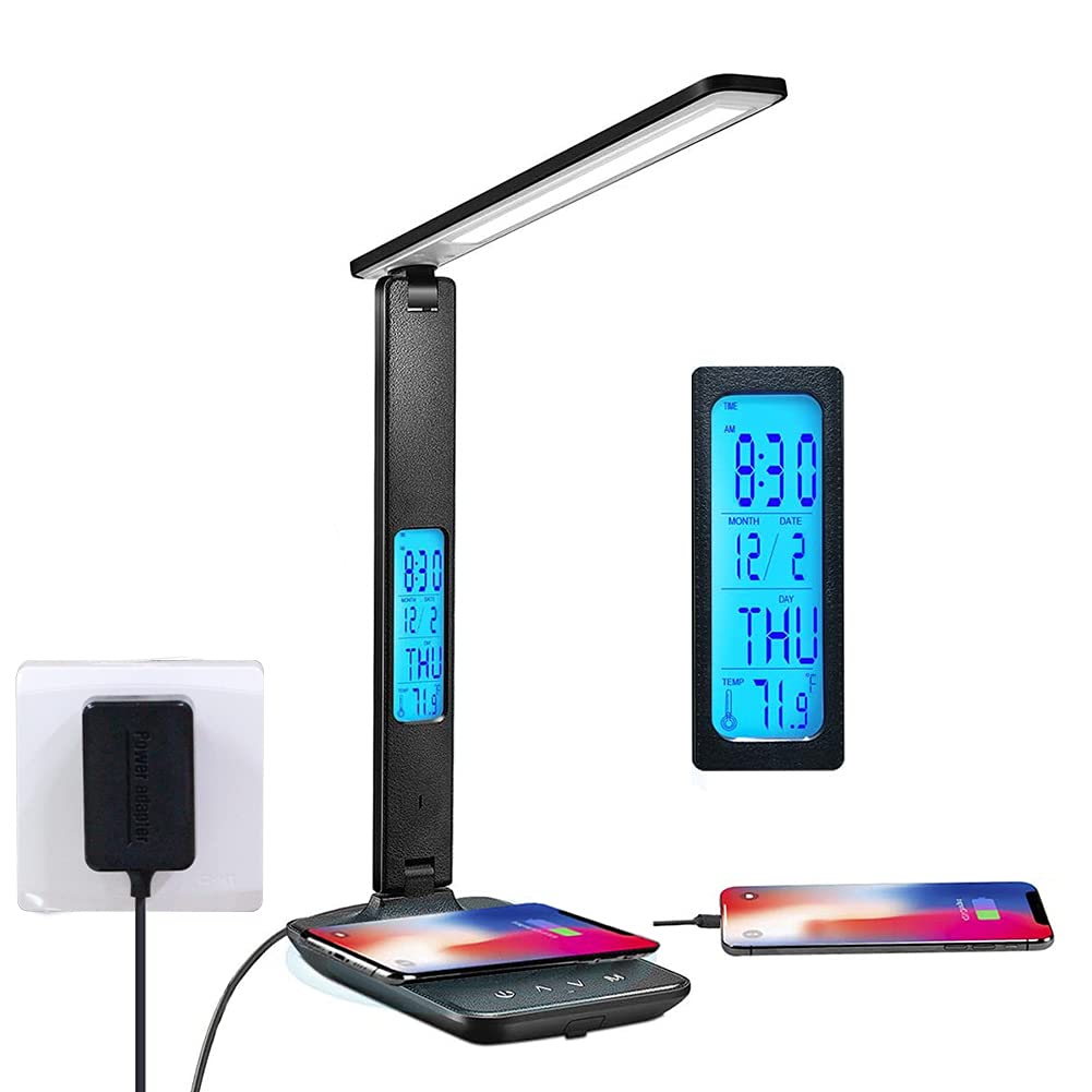 Desk Lamp LED Desk Lamp with Wireless Charger 10W Touch Control 3 Lighting Modes 5 Brightness Levels Adjustable Table Lamp Clock Alarm Date Temperature Function USB Charging Port with Adapter Black