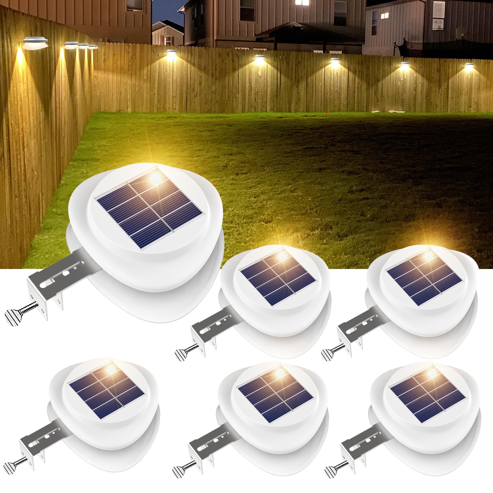 ROSHWEY Backyard Lights, 6 Pack Solar Fence Lights with 9 LED Waterproof Outdoor Gutter Lights for Eaves Garden Landscape Yard (Warm White)
