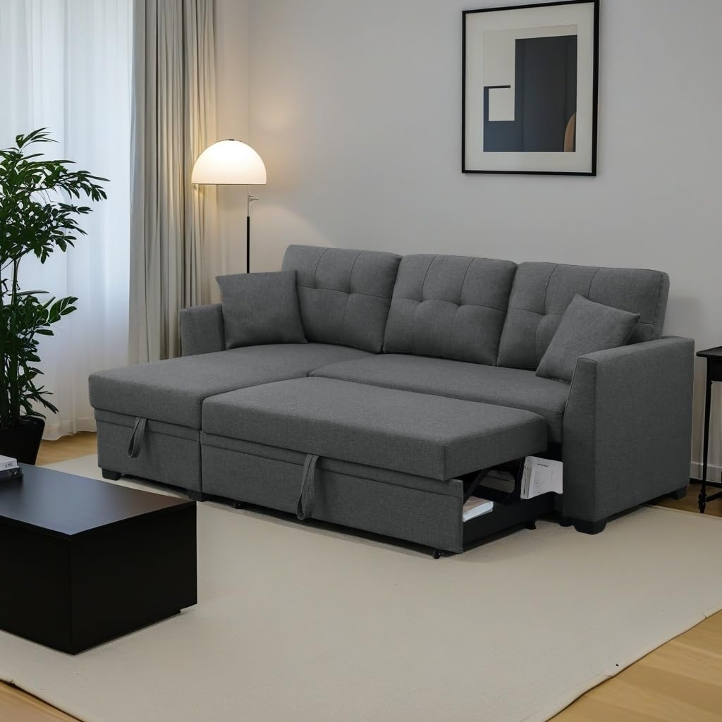 MODCART 81.5" L-Shape Convertible Sleeper Sectional Sofa, Pull Out Sofabed w/Storage Chaise, All-in-One Linen Upholstered Couch for Living Room Apartment