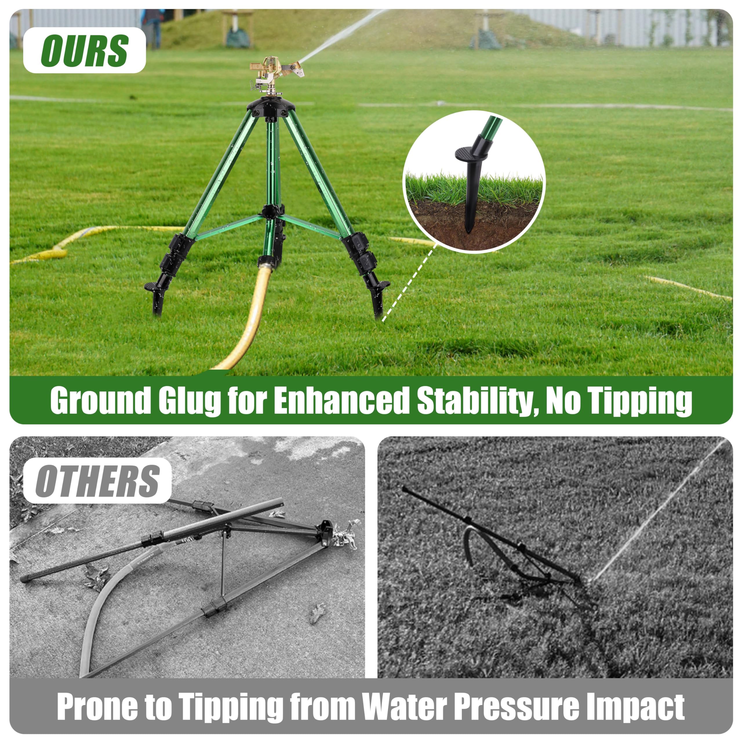 Heavy-Duty Brass Impact Sprinkler on Ground PlugTripod Base, 360 Degree, 0-43 Feet Large Area Coverage Yard Sprinkler, Adjustable Height 16-37โ Water Sprinkler for Lawn for Lawn/Yard/Garden