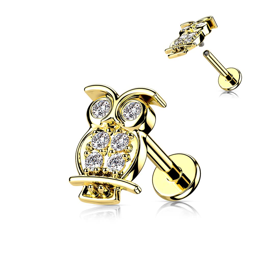 Dynamique CZ Paved Owl Top On Internally Threaded 316L Surgical Steel Flat Back Stud For Labret, Monroe, Cartilage (Sold Per Piece)
