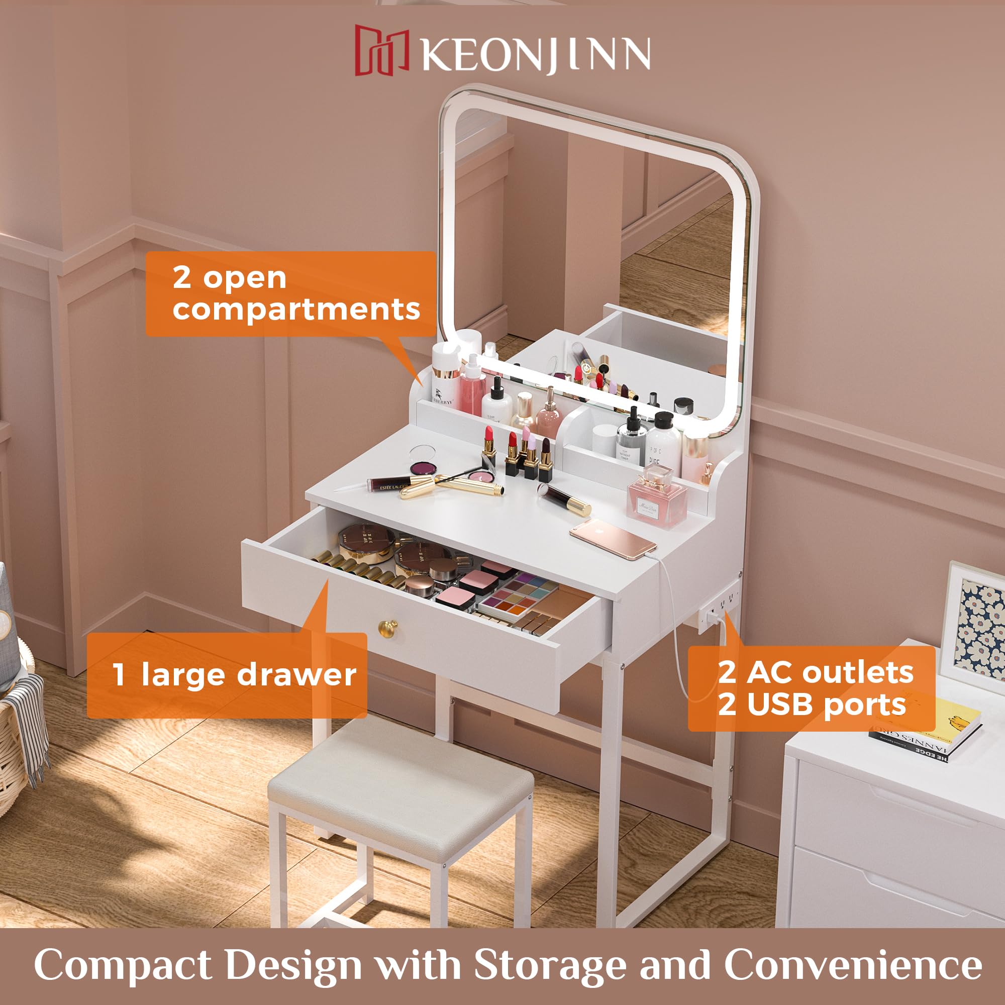 Keonjinn White Vanity Mirror with Lights, LED Makeup Vanity Desk with Large Drawer & 2 Makeup Trays & Chair, 7000 Lux Vanity Table with Lighted Mirror & Power Outlet, CRI>90 Vanity Set for Bathroom