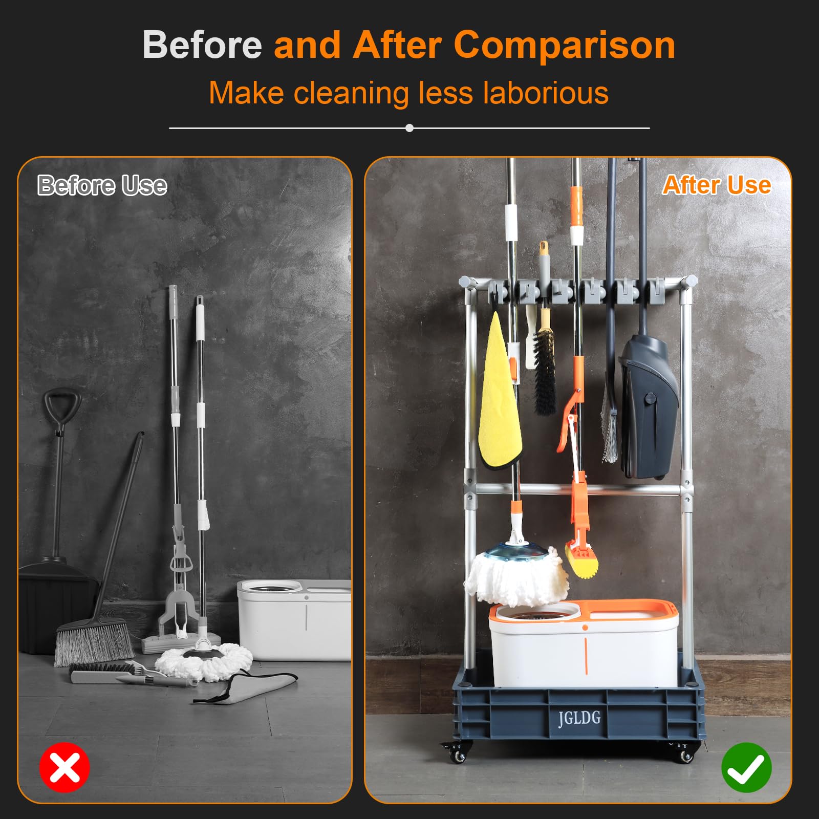 JGLDG Mobile Mop and Broom Holder,Efficient Storage Solution for Cleaning Tools Keep Your Tools Handy and Organized
