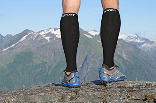 Compression Calf Sleeves Men & Women - Shin Splint Compression Sleeve 20-30mmhg, Best Footless Compression Socks for Achy Calf, Running, Nurses, Pregnancy, Post-Surgery Relief (1 Pair BLK-BLU S/M-M/L)