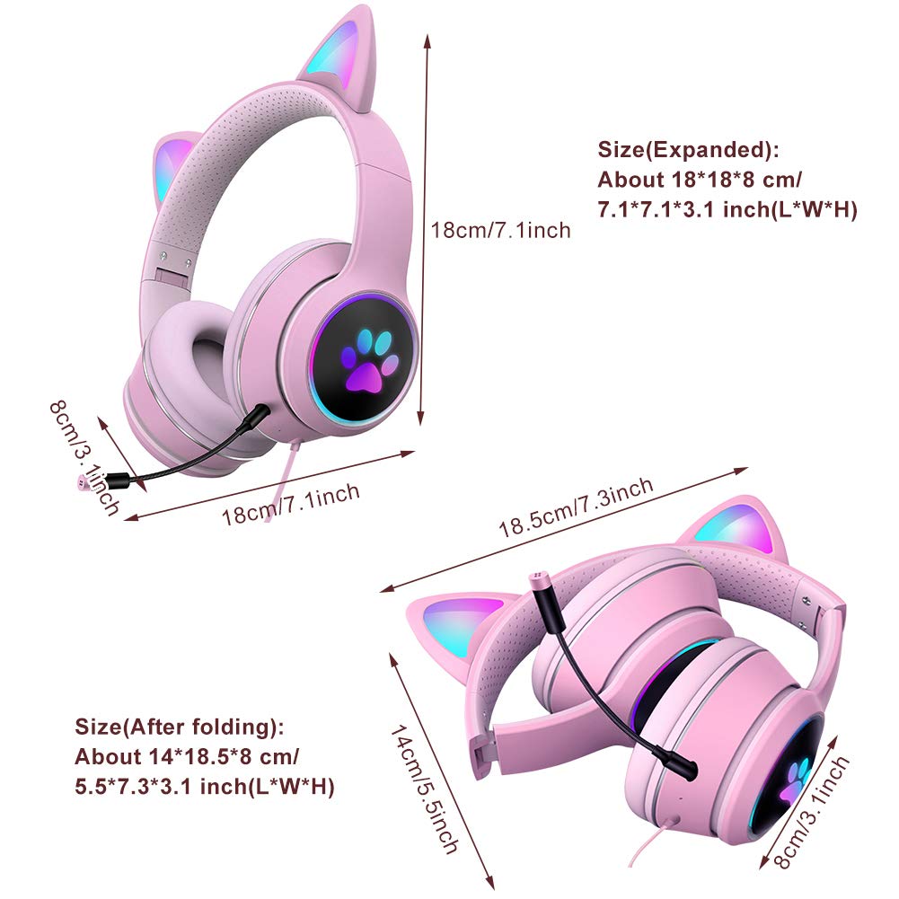 EKDJKK Cat Ear Bluetooth Headphones Foldable Wireless LED Light Up Foldable Headphones HiFi 3.5MM Noise Reduction Headphones Computer Gaming Headset with Microphone and Volume Control
