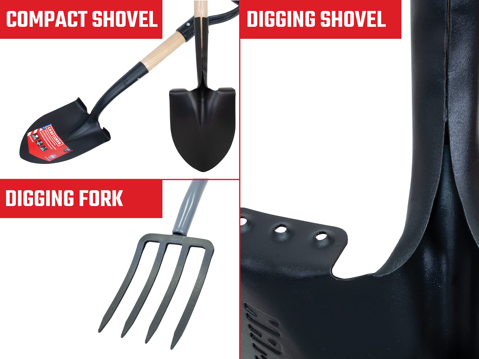 CRAFTSMAN CMXMKIT0120 3-Piece Wood Handle D-Grip Digging Tool Set with Compact Shovel, 4-Tine Fork and Round-Point Shovel