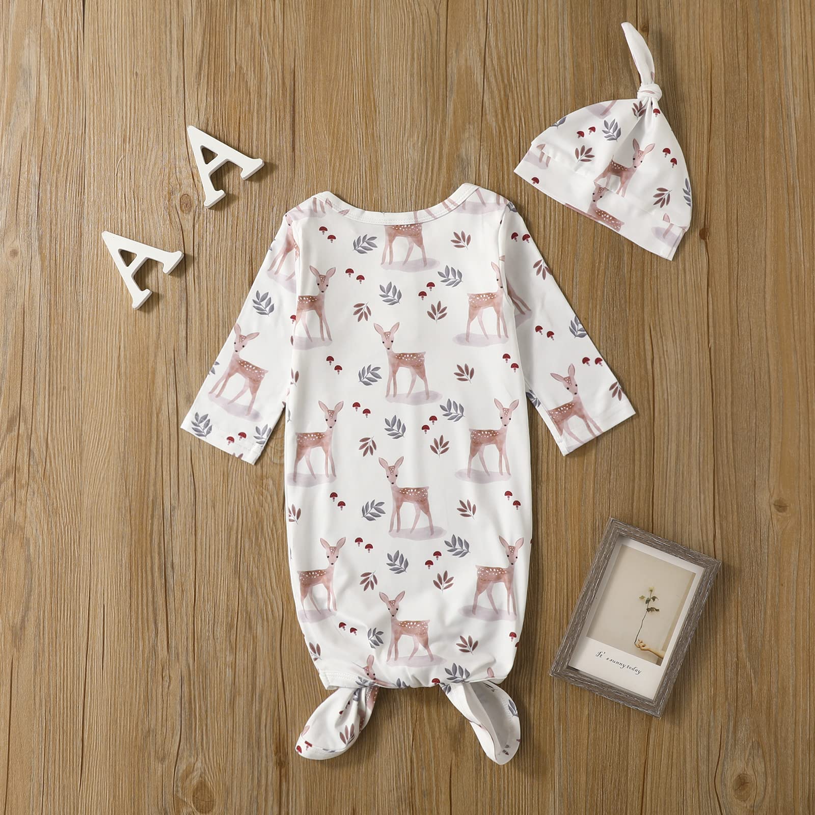 Fuzbavo Newborn Baby Girls Boys Cotton Sleeper Gown Infant Knotted Gown Hat Set White, 0-3 Months