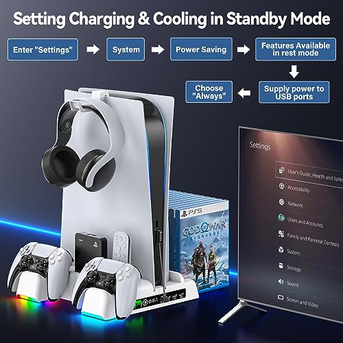 PS5 Stand and Cooling Station with AC Adapter, PS5 Cooling Fan with RGB LED Controller Charging Station for Playstation 5 Console, PS5 Accessories with Controller Charger, 3 USB Hub, Headset Holder