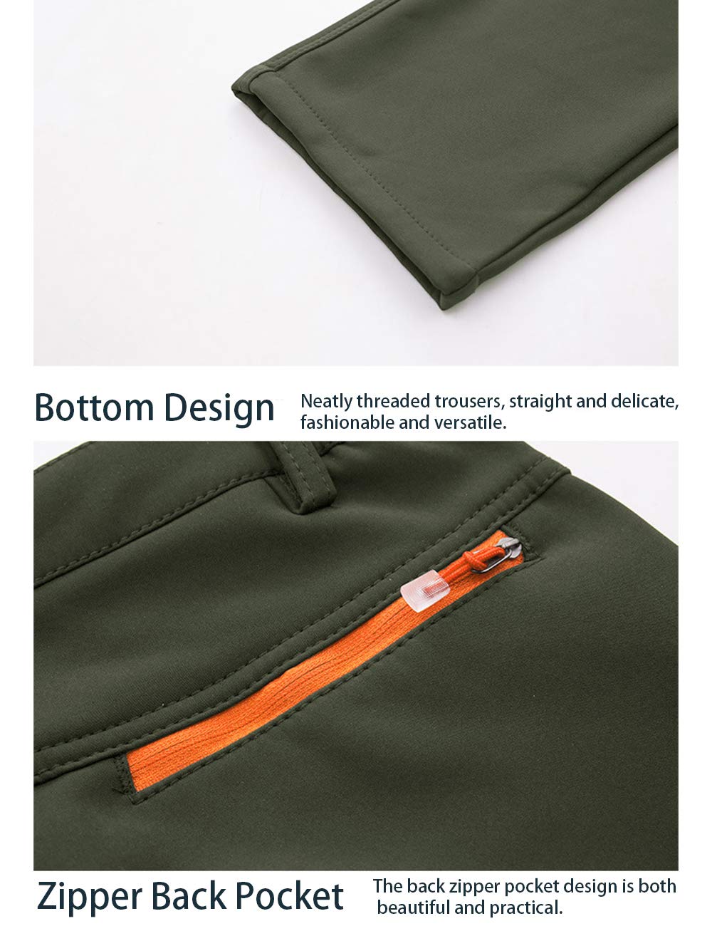 EKLENTSON Mens Work Pants Zipper Pockets Winter Cargo Softshell Mountain Pants Army Green
