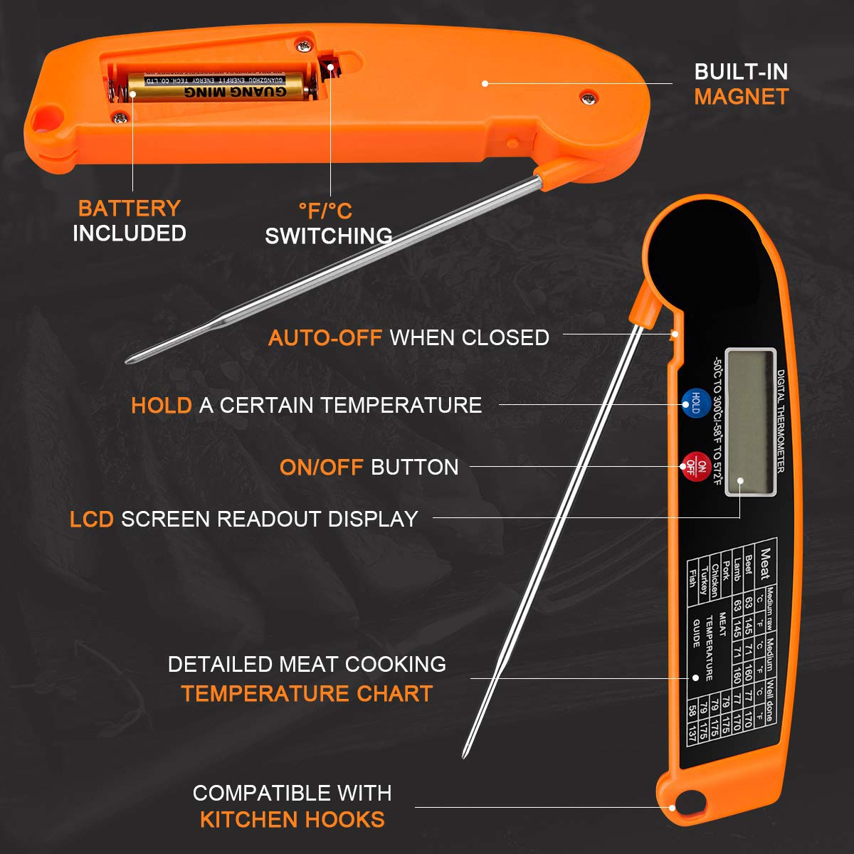 Food Thermometer, Digital Meat Thermometer for Grilling and Cooking Fset Instant Read Thermometer Kitchen Cooking Food Thermometer for Candy Water Oil BBQ Grill