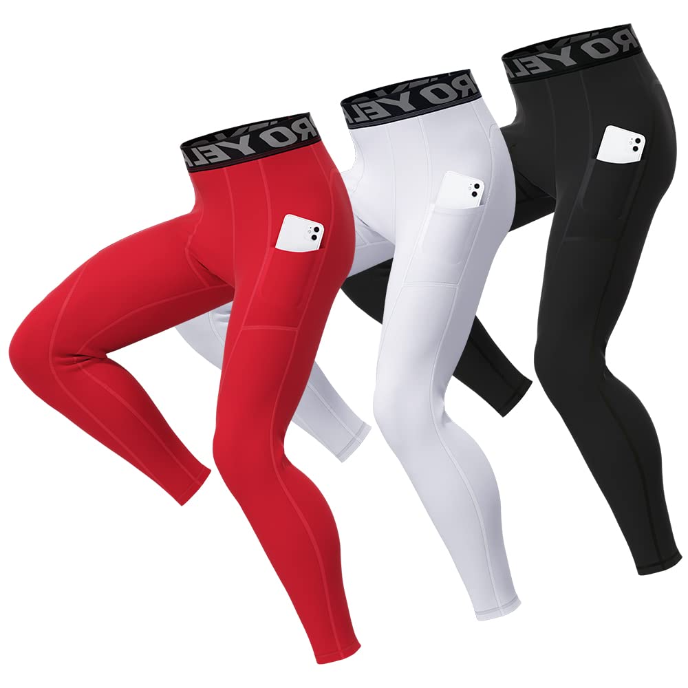 EARGFM Men's Athletic Compression Active Elastic Workout Running Cool Dry Base Layer Pockets Pants, 3 Pack #Red+white+black, Small