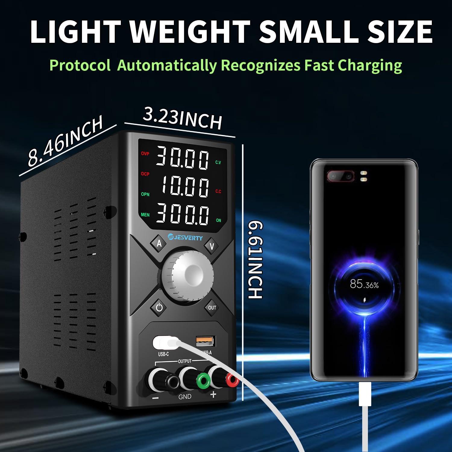 Jesverty DC Power Supply Variable, 0-60V 0-5A Adjustable Switching DC Regulated Bench Power Supply with 20W USB & Type-C Quick-Charge, Encoder Knob, 4-Digit LED Display, Preset Memory - SPS-6005X