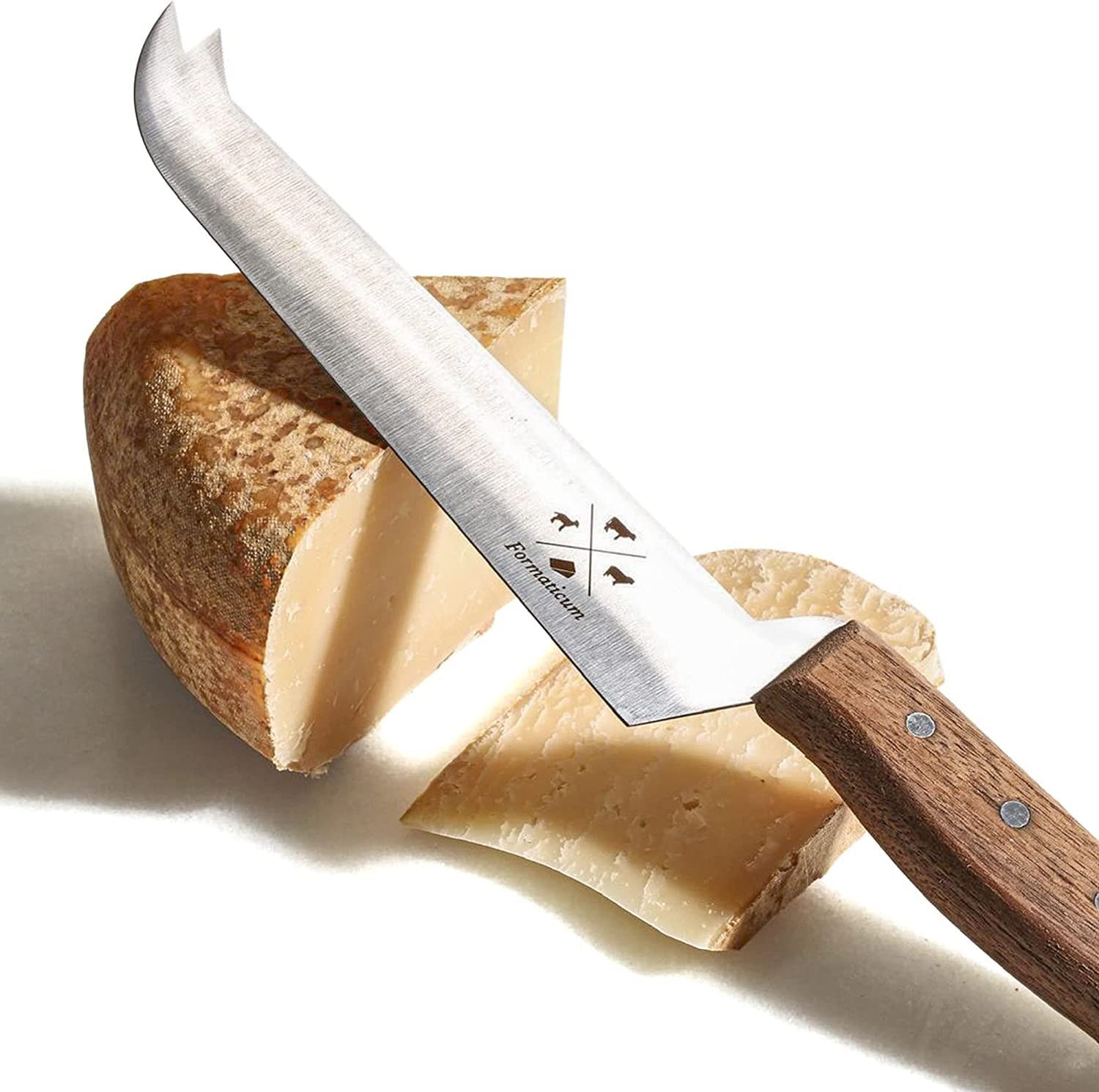 Formaticum Professional Tasting Cheese Knife- 7" x 1.25" All Types of Cheese Slicer w/Fork Tip, Stainless Steel Blade, Solid Walnut Handle, Great Cheese Charcuterie Accessories, Handmade in Italy