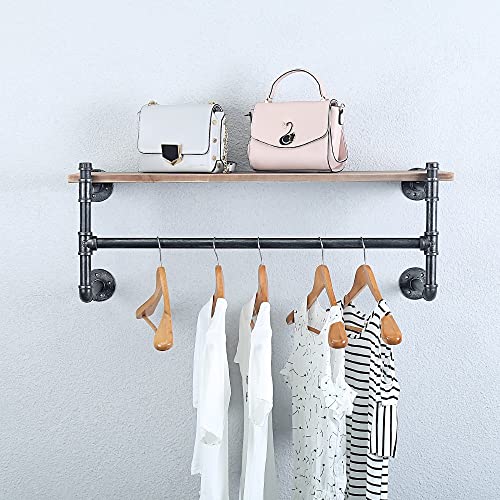 OLDRAINBOW Industrial Pipe Clothing Rack Wall Mounted with Real Wood Shelf,Pipe Shelving Floating Shelves Wall Shelf,36in Retail Clothes Racks Display Rack