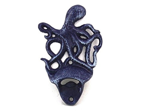 Hampton Nautical Rustic Dark Blue Wall Mounted Octopus Bottle Opener 6"-Vintage Cast Iron Decor-Sea Life