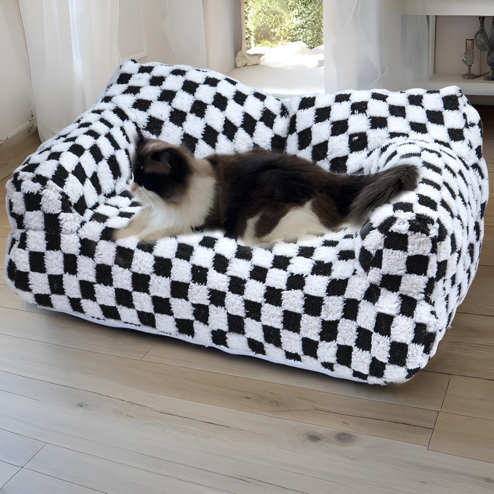 FORMYCATIE Pet Couch Bed, Washable Cat Beds for Medium Small Dogs & Cats up to 25 lbs, Soft Calming Cat Sofa Beds for Indoor Cats Anti-Slip Bottom,Fluffy Cat Couch (White)