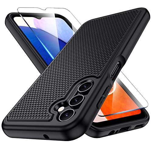 Huness for Samsung Galaxy A14 5G Case with Tempered Glass Screen Protector,Samsung A14 5G Case,Durable Armor & Resilient Shock Absorption Defender & Non Slip Textured Back CaseĀ - Black