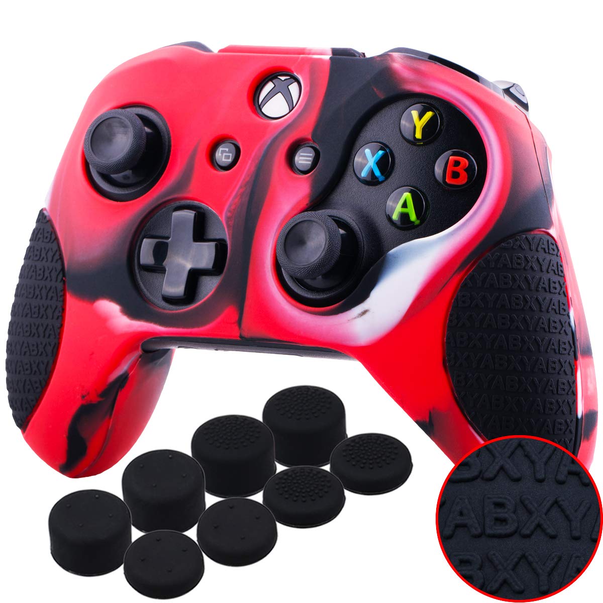 YoRHa Thickened Rubber Silicone Cover Skin Case 3D Letters Massage Grip for Xbox One S/X Controller x 1(Camouflage Blue) with PRO Thumb Grips x 8