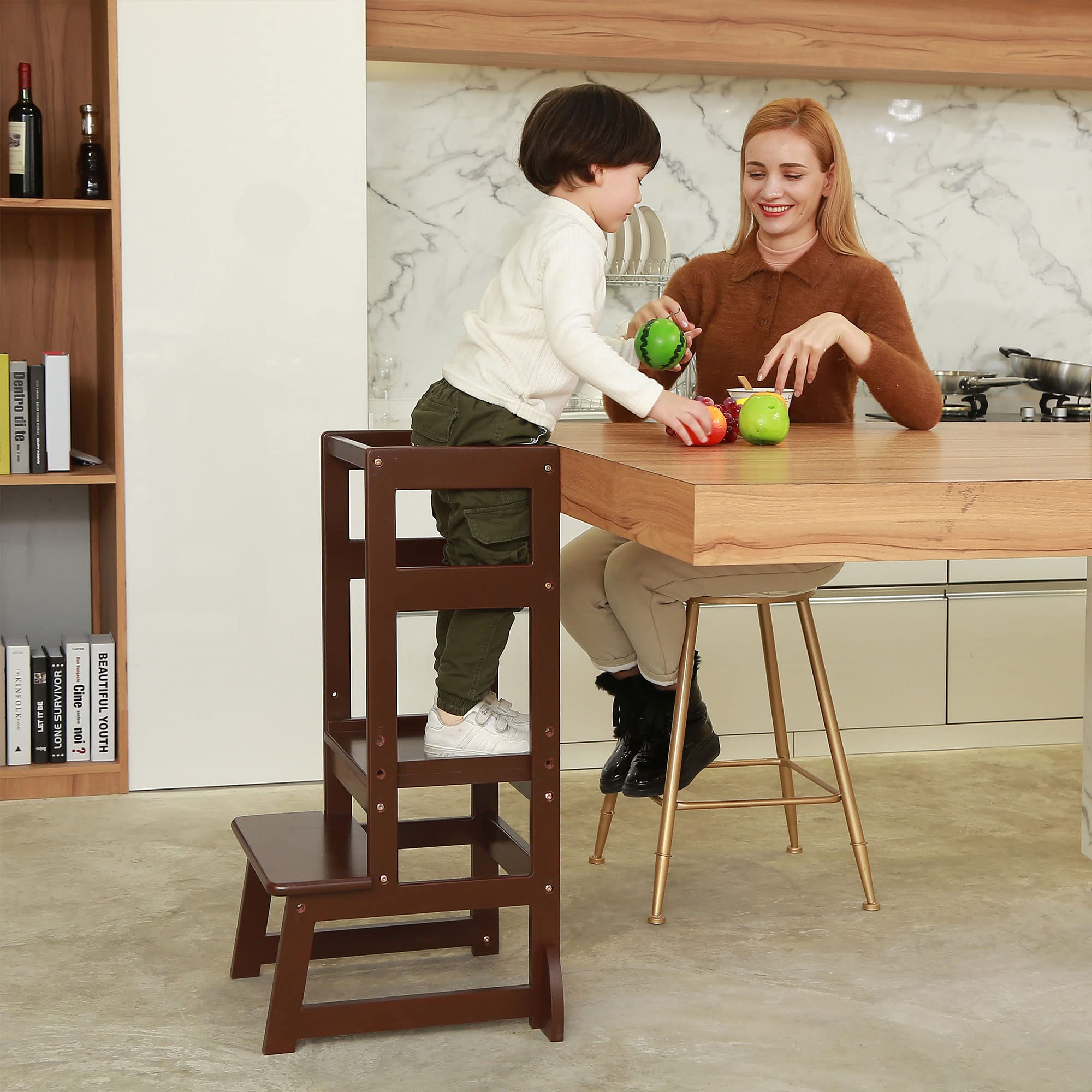 SDADI LT05E Mother's Helper Adjustable Height Kitchen Step Stool, Children Kids Toddlers Counter Level Learning Stool for Kitchen & Bathroom, Espresso