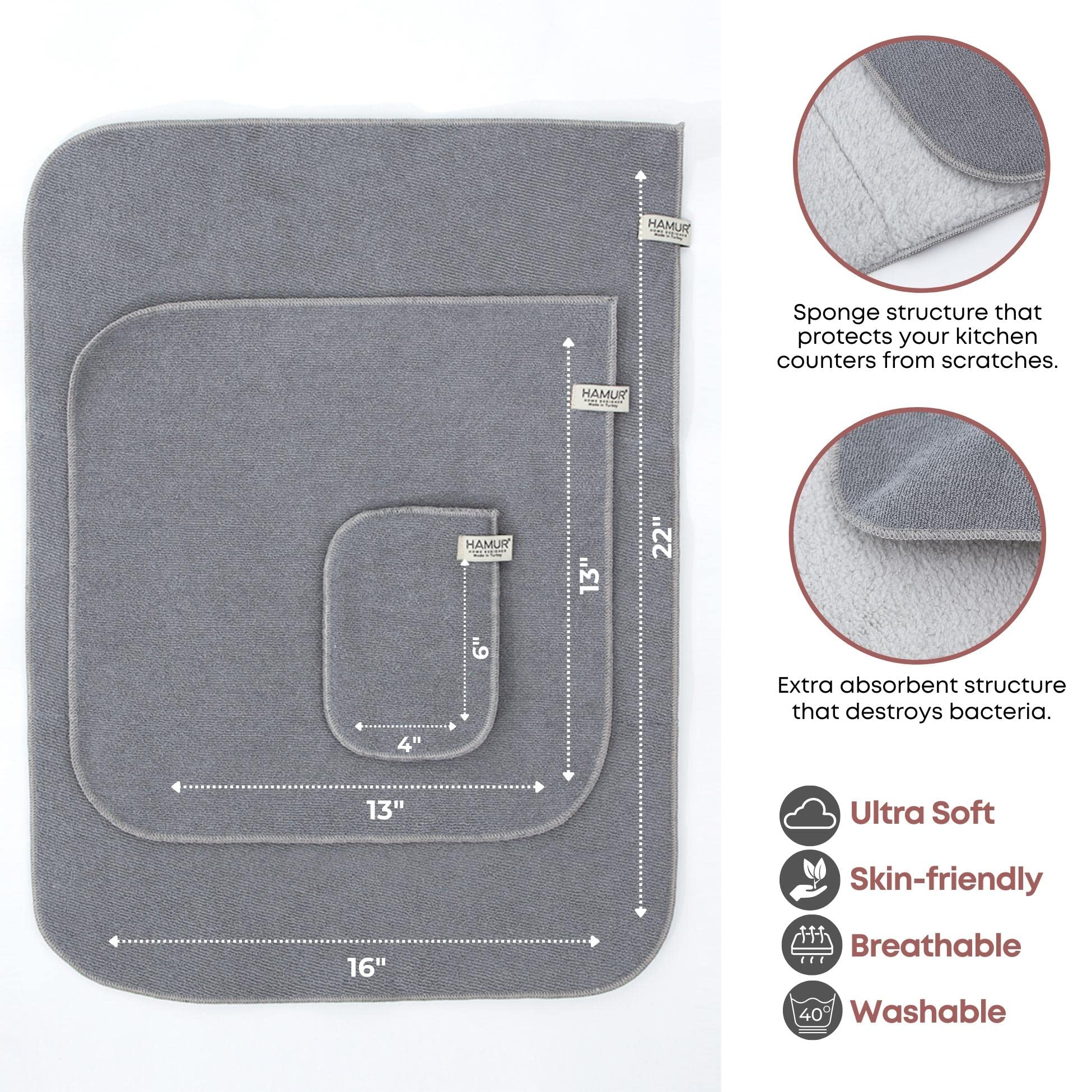 HAMUR Kitchen Dish Drying Mat 3-Set, Super Absorbent Drainer Mats for Kitchen Counter, Multiuse Draining dishes Pad with cleaning rug & dish sponge, under dish rack & sink pad