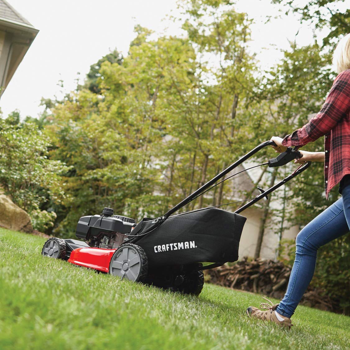 CRAFTSMAN M215 21-Inch 3-in-1 High-Wheeled FWD Self-Propelled Gas Powered Lawn Mower with Bagger - 159cc OHV Engine, Liberty Red