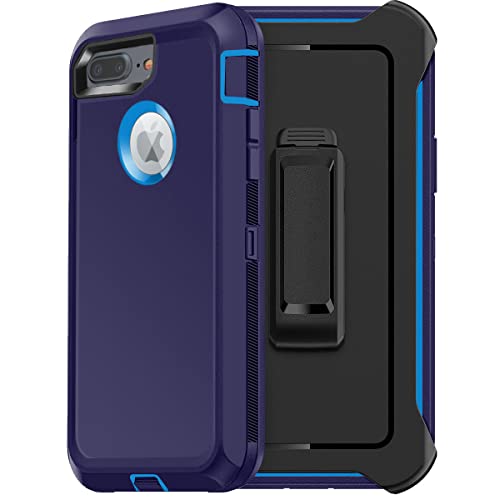 iPhone 8 Plus/7 Plus Case, AICase [Heavy Duty] [Full Body] Tough 4 in 1 Rugged Shockproof Cover with Built-in Screen Protector for Apple iPhone 8 Plus/7 Plus (Dark Blue/Light Blue+Belt Clip)