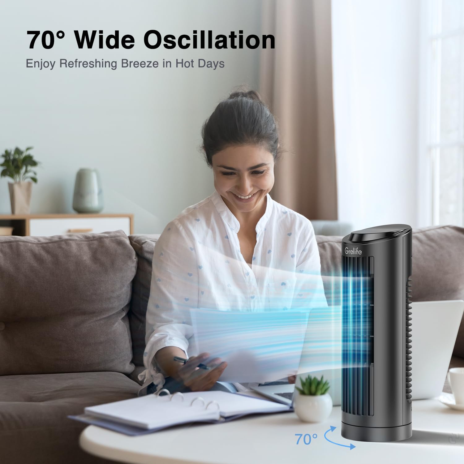 Grelife 13" Bladeless Tower Fan with 70° Oscillation, 3 Speeds, 4 Wind Modes, Touch Control & Remote, 12-Hour Timer, Compact Cooling Fan for Home Office Bedroom