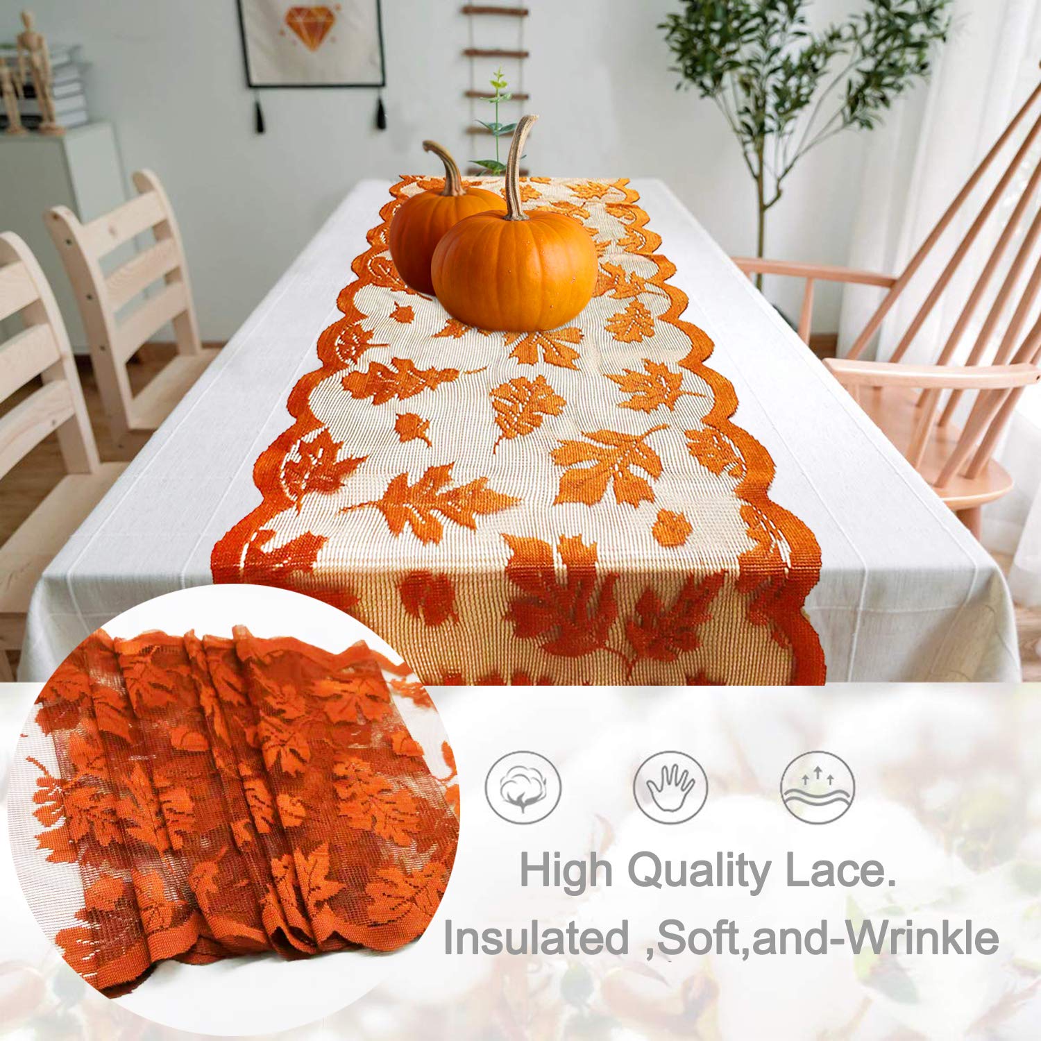 Fall Table Runner Decorations 13 x 72 Inch Maple Leaves Table Runner Fall Decor Harvest Lace Pumpkin Runner Brow Long Fall Table Line Fall Thanksgiving Autumn Dinner Home Decor (Brown)