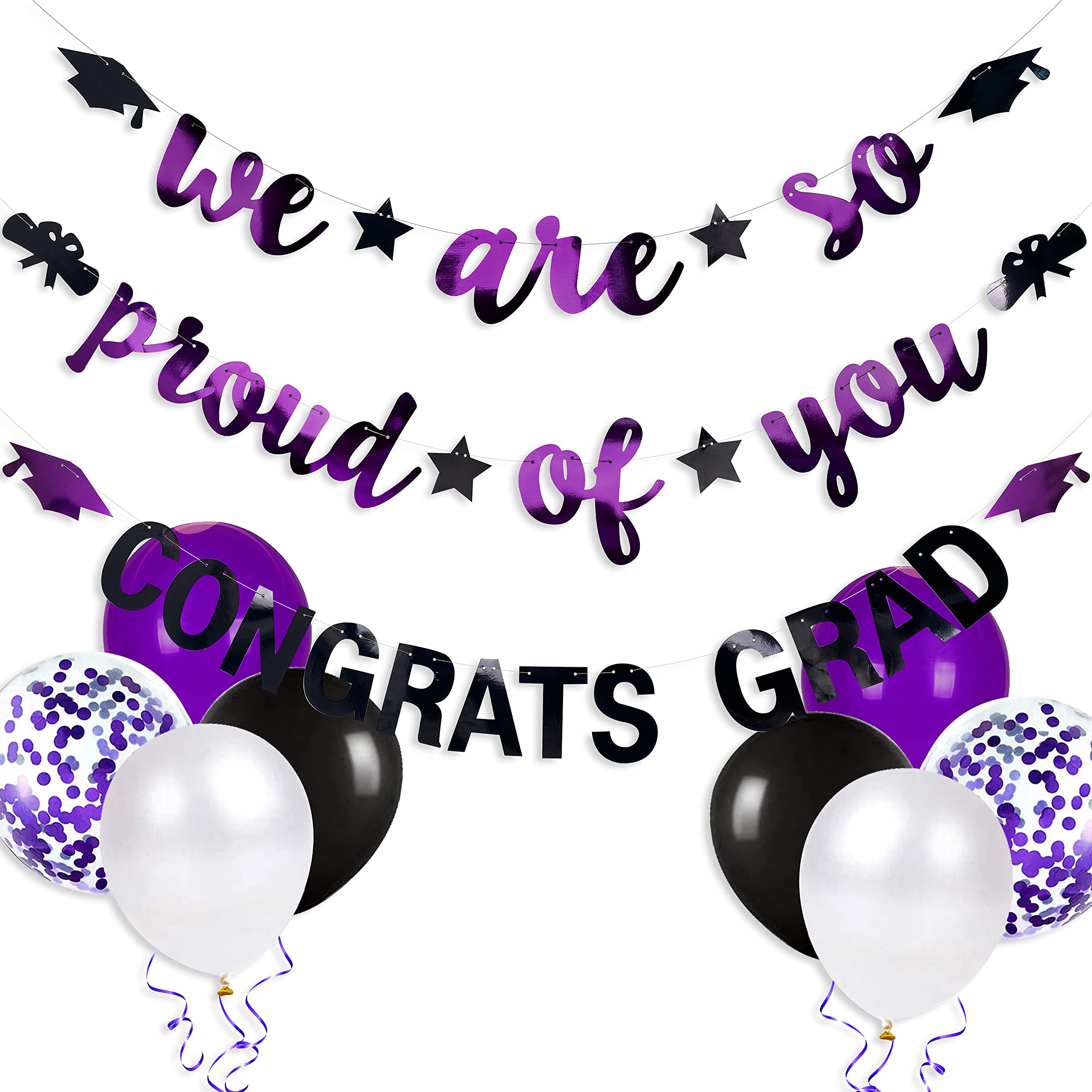 Purple Black 2024 Graduation Party Decorations We are So Proud of You Congrats Grad Graduation Banner Graduation Cap Diploma Star Garland Backdrop for Congratulations 2024 Grad Party Supplies