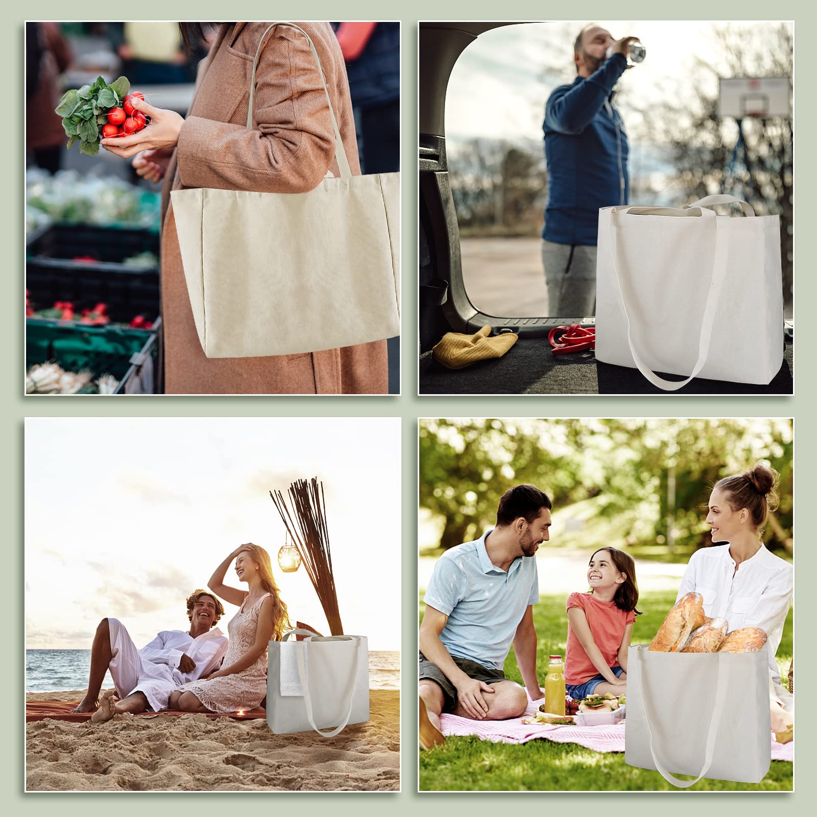 HQCUPB 4 Pack Canvas Tote Bag Reusable Grocery Bags Shopping Bags for Groceries Foldable Heavy Duty Washable Canvas Bag with Handles (4 Pack, Natural Color)