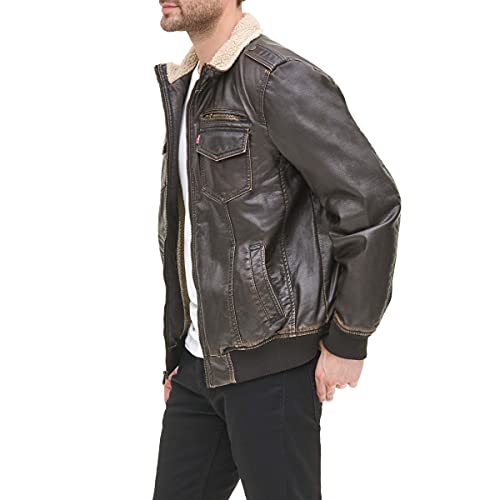 Levi's mens Vintage Deer Sherpa Lined Aviator Bomber Faux Leather Jacket, Dark Brown, Large US
