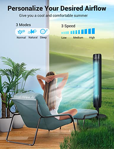 KopBeau Tower Fan for Bedroom, 42 Inch Oscillating Cooling Fans with Remote, Quiet Bladeless Floor Powerful Fan, 3 Modes, Buit-in 7Hrs Timer and LED Display, Standing Fans for Home Office, Black