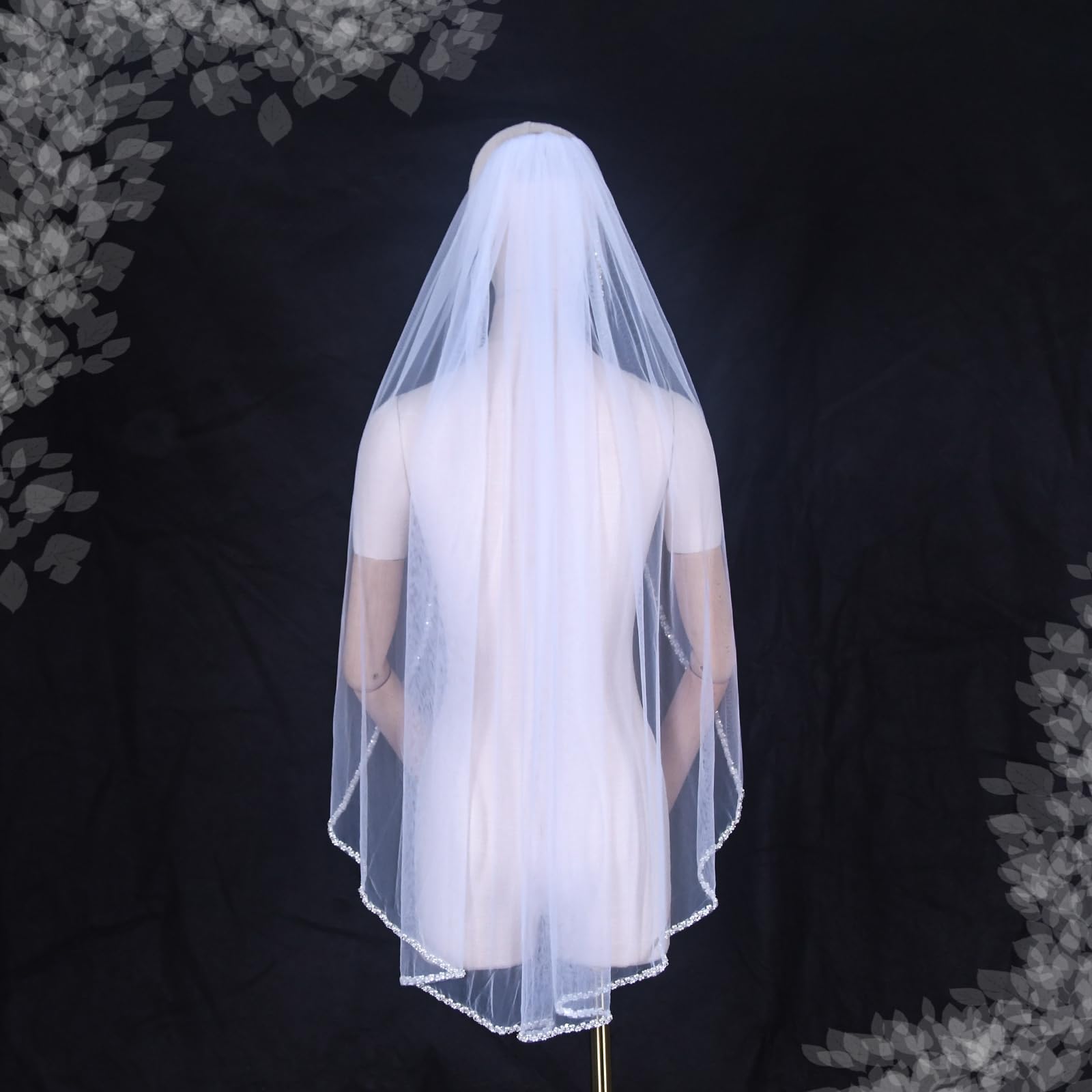 Grettytling Wedding Veil Pearls and Crystals Beaded Edge 1 Tier Fingertip Length Bridal Veil9(White)