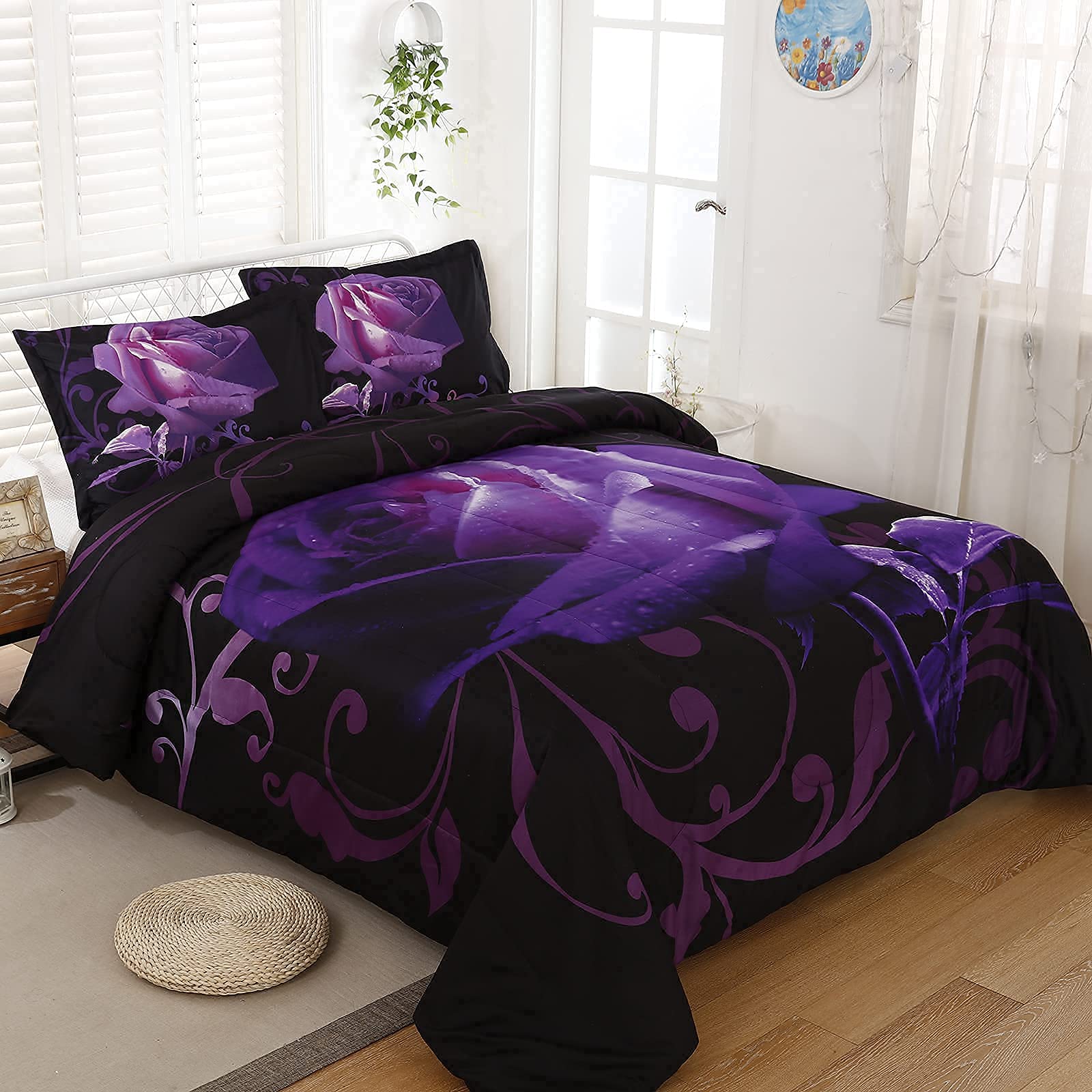 Purple Rose Comfortter Set Queen and Sheet Set for Queen Bed, 3 Piece Fluffy Down Alternative Duvet Set Matching with 4 Piece Bedding Sheet Set. All Season Bedding Set Queen