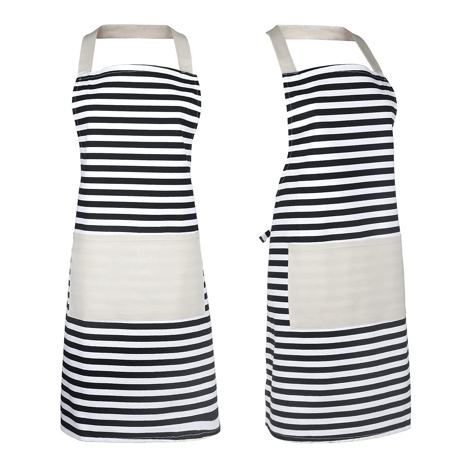 FirstKitchen Kitchen Apron Women, Canvas Apron with Pockets, Black and White Striped Apron, Cooking Aprons for Women, Men Chef, Kitchen Bib Apron for Baking, Grilling and Gardening