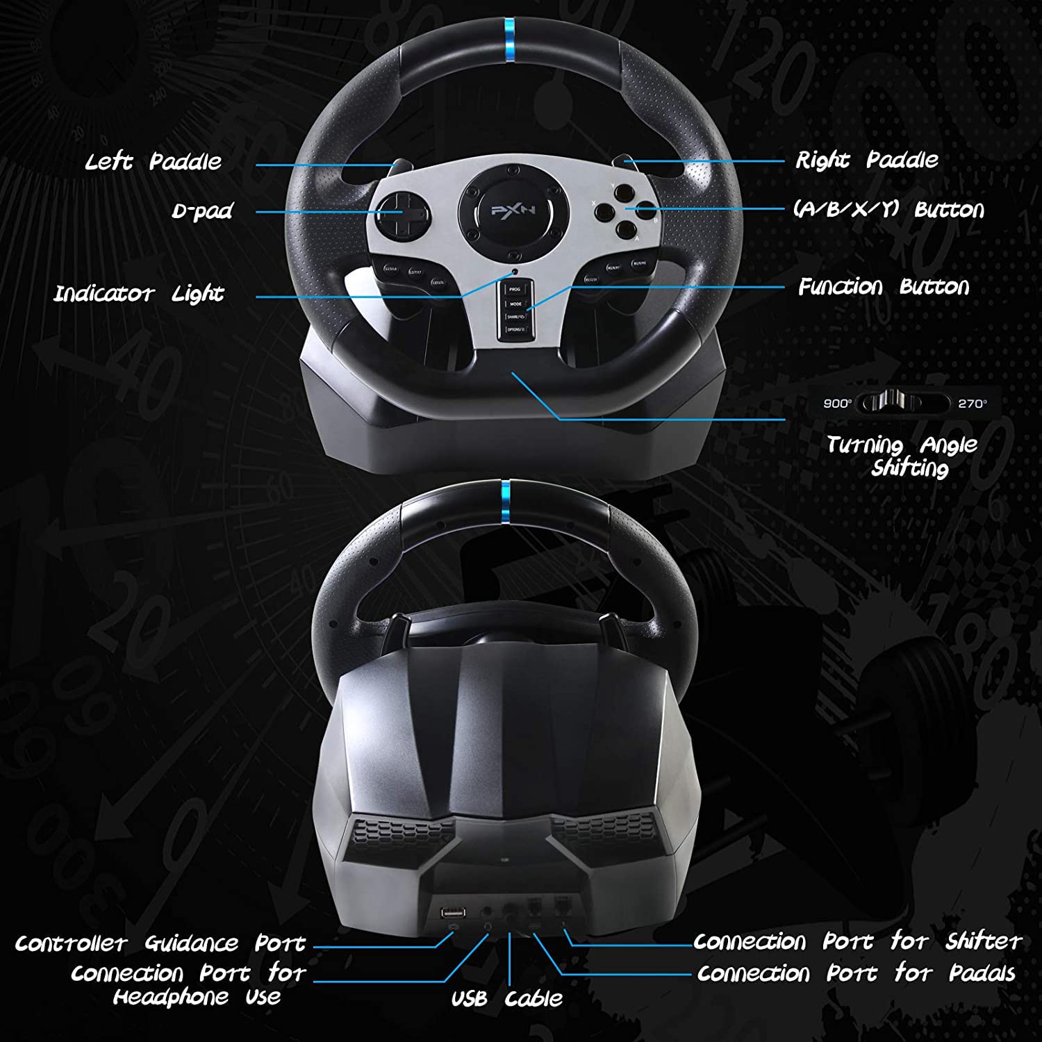 Gaming Racing Wheel, PXN V9 270°/900° Adjustable Racing Steering Wheel, with Clutch and Shifter, Support Vibration and Headset Function, Suitable for PC, PS3, PS4, Xbox One, Nintendo Switch.