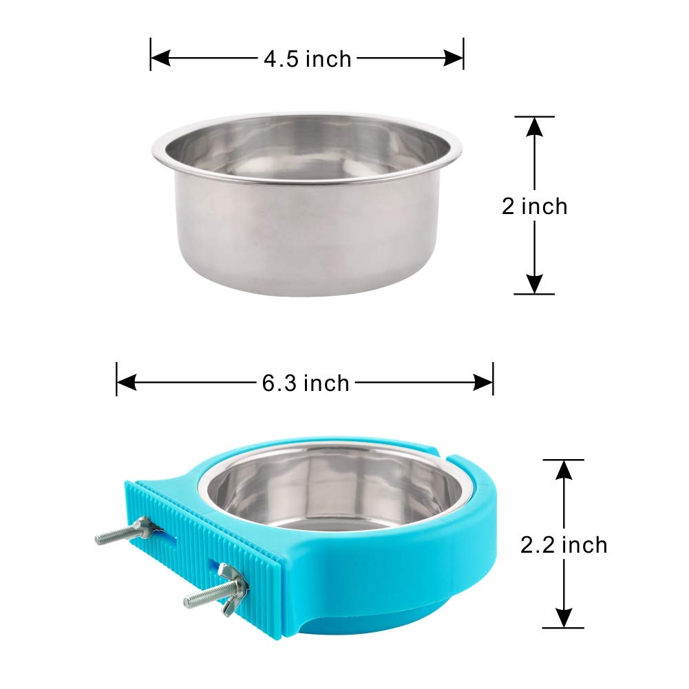 Crate Dog Bowl Removable Stainless Steel Water Food Feeder Bowls Cage Coop Cup for Cat Puppy Bird Pets (Small, Blue with Corrugated Clip)