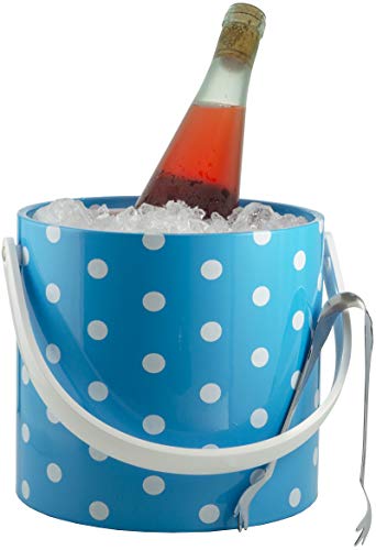 Hand Made In USA Turquoise & White Double Walled 3-Quart Insulated Ice Bucket With Ice Tongs (Polka Dot Collection)