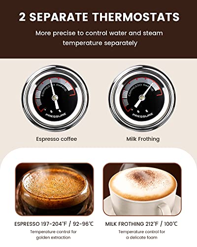 Teglu Espresso Machine 20 Bar with Milk Frother, Semi-Automatic Latte & Cappuccino Coffee Maker Duo-cup 33oz/1L Removable Water Tank for Home/Office, 1450W, Stainless Steel