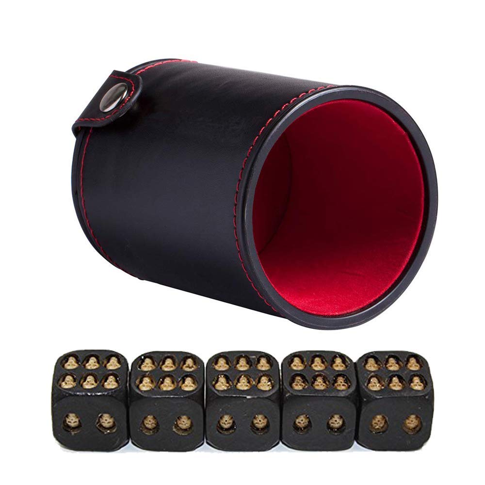 Red Lining Leather Professional Dice Cup with 5pcs Black Mini Death Skull Dice for Party Playing Drinking Death Table Game Party Tool