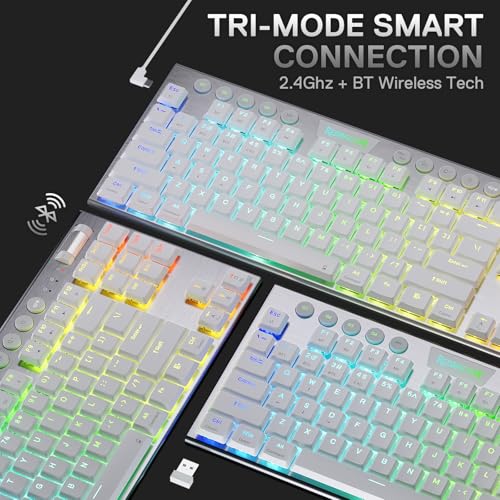 Redragon K621 Horus TKL Wireless RGB Mechanical Keyboard, 5.0 BT/2.4 Ghz/Wired Three Modes 80% Ultra-Thin Low Profile BT Keyboard w/Dedicated Media Control & Linear Red Switches, White