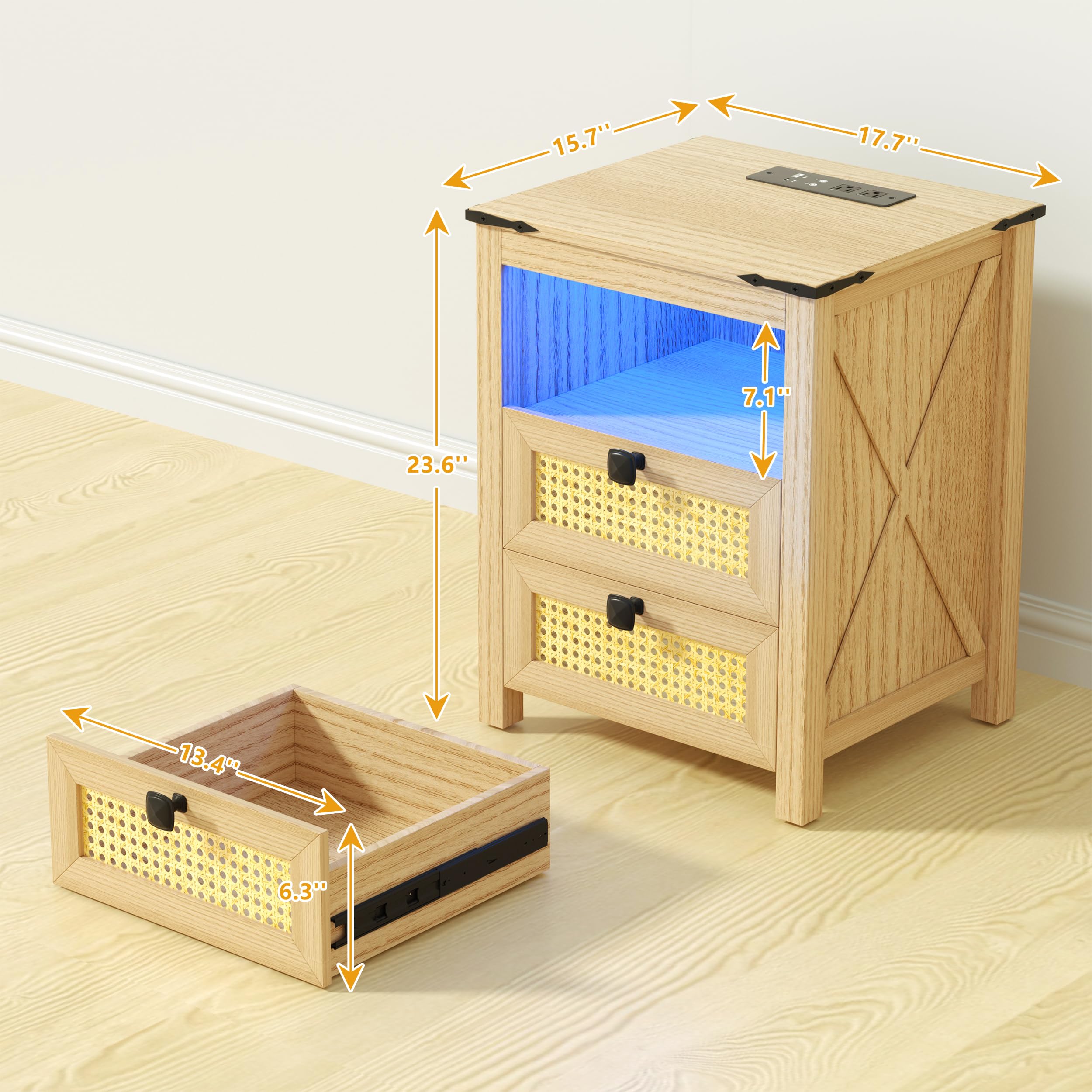 Night Stand with Charging Station, LED Nightstand with Rattan Drawers, Modern Side End Table with Human Sensor Light, Bedside Table for Bed Room Night Stand, Natural Wood (1PCS)