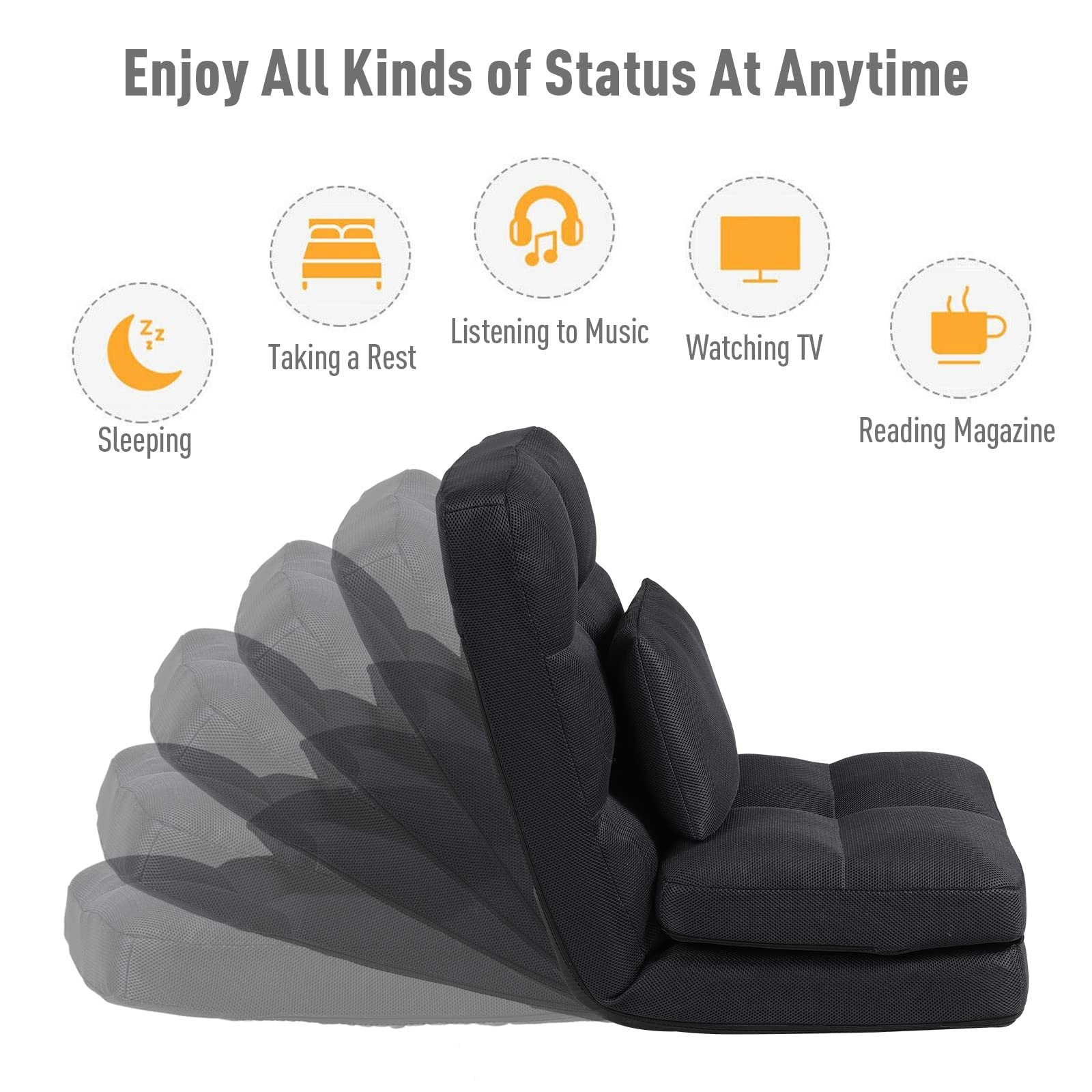Urnodel Indoor Chaise Lounge Sofa, Floor Chair with Back Support for Adults, 14 Angle Adjustment Recliner Chair, Folding Floor Lounger with Pillow 8823(Grey)