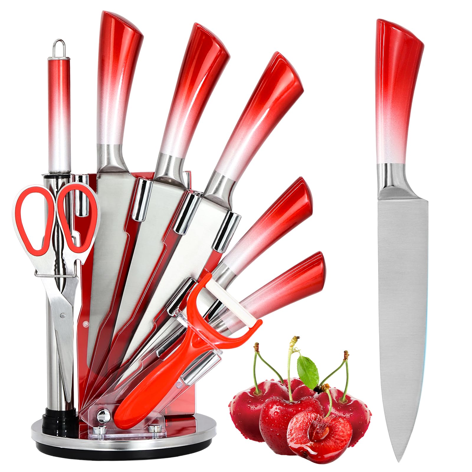 Kitchen Knife Set, 9-Piece Red Knives Set for Kitchen, Non Stick Sharp Stainless Steel Chef Knife Set with Block Sharpener, Ideal for Kitchen Decor (Red)