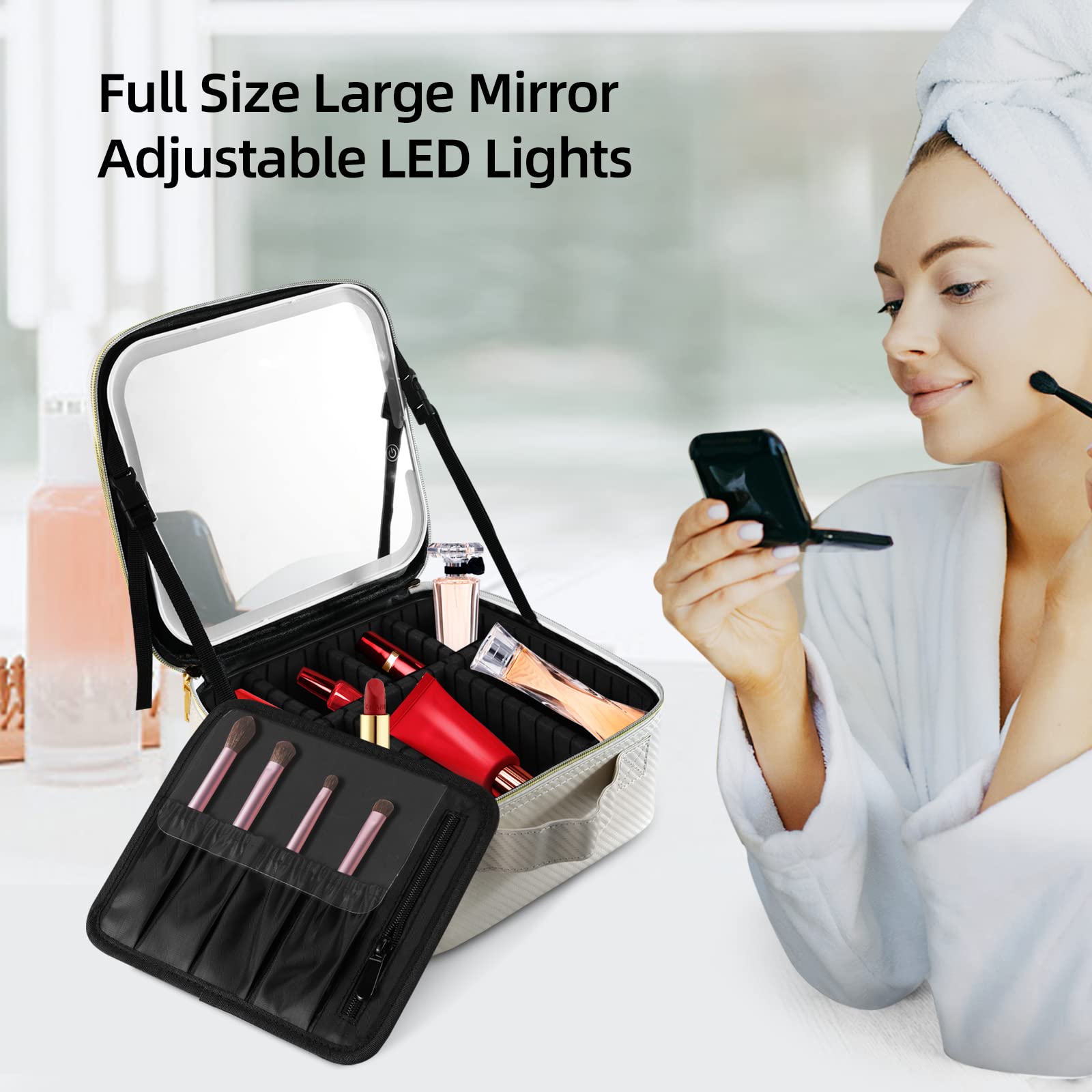 Ginleder Beauty bag Waterproof Leather travel portable makeup case with Adjustable Big Led lights mirror Cosmetic Storage Box (Beige)