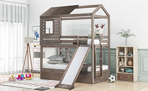HYC Twin Over Twin Bunk Bed for Kids Toddlers, Wooden Bunk Bed with Slide and 2 Storage Drawers, House-Shaped Bunk Bed for Girls Boys,Gray